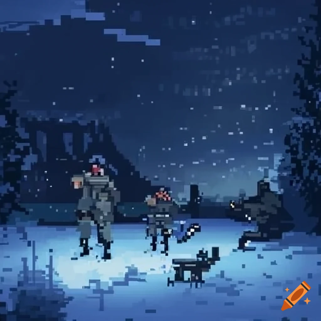 Pixel art of a snowy night in world war one trenches