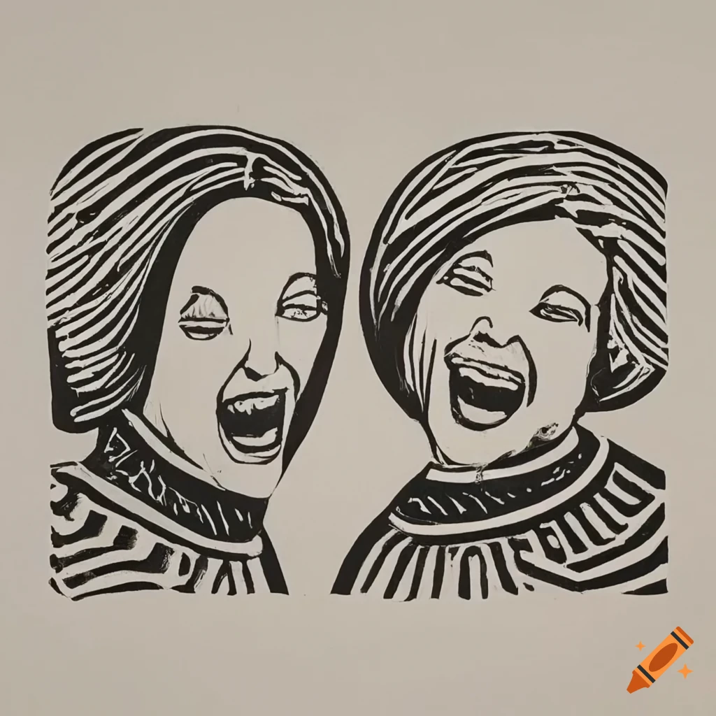 Lino print style portrait of a laughing woman on Craiyon