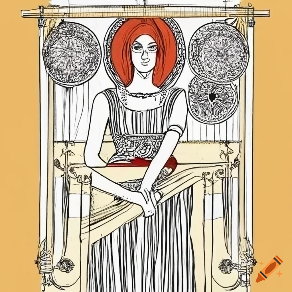 Line art of a cloaked woman with a weaving loom on Craiyon