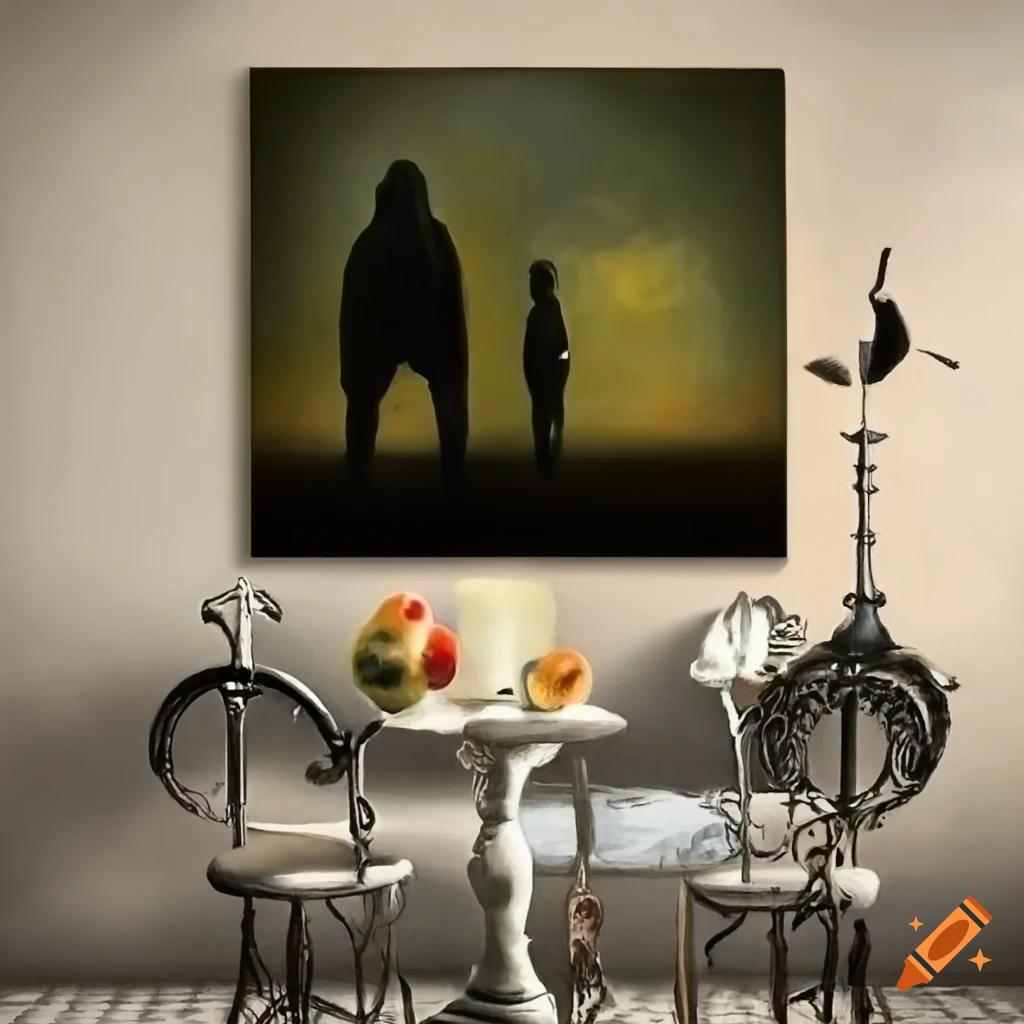 Surrealist painting with objects and human figures on Craiyon
