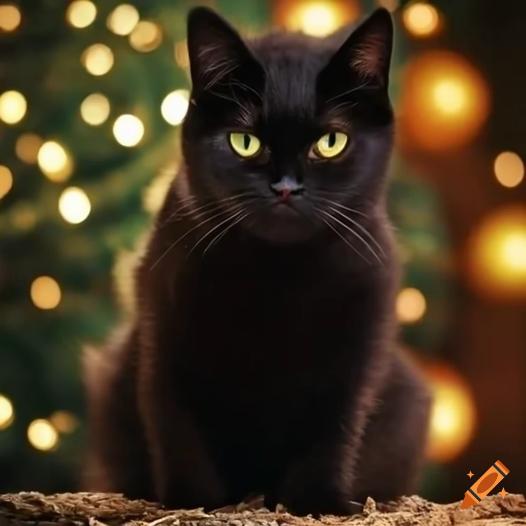 Cute black cat under a christmas tree