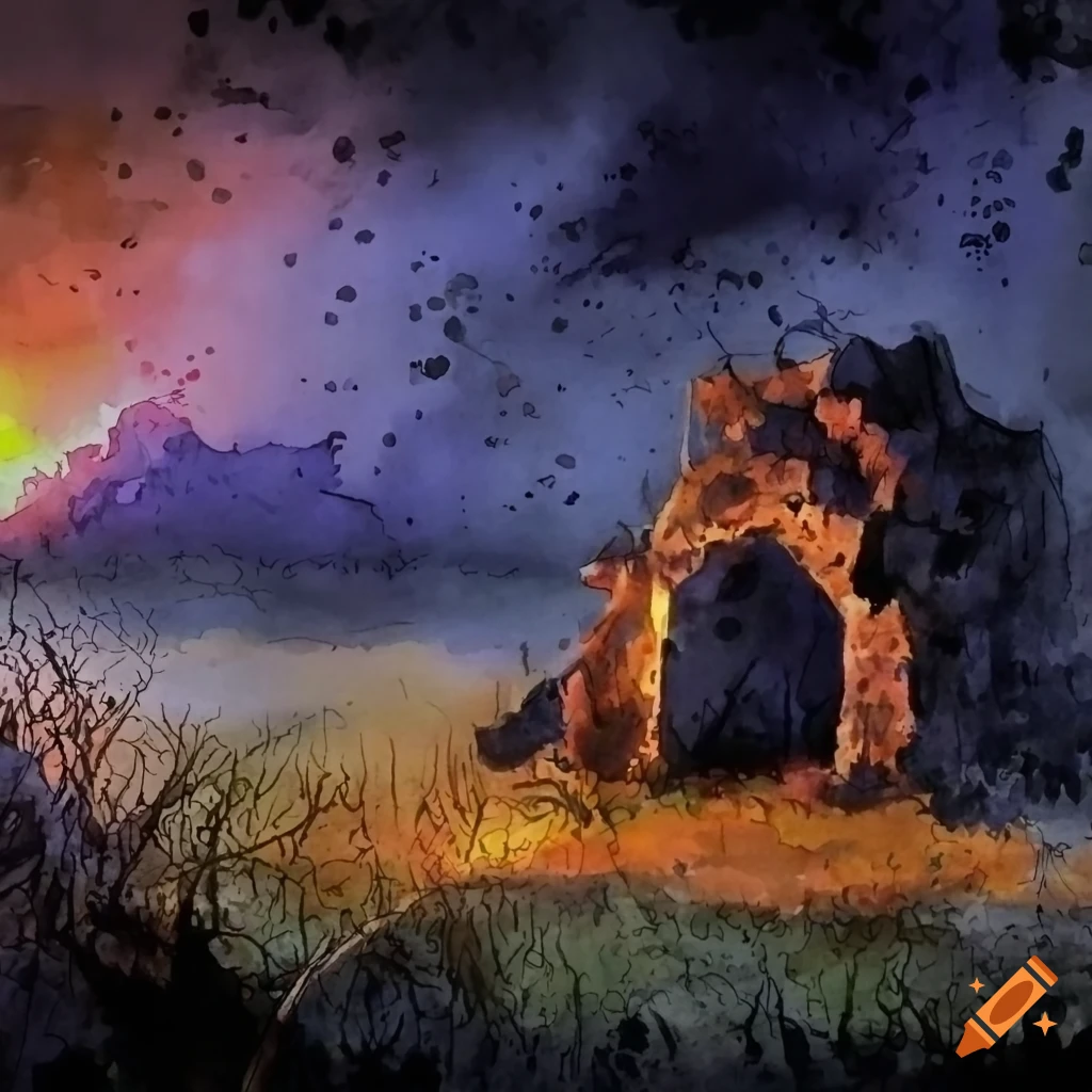 Detailed watercolor of a campfire in a desolate meadow at night on Craiyon