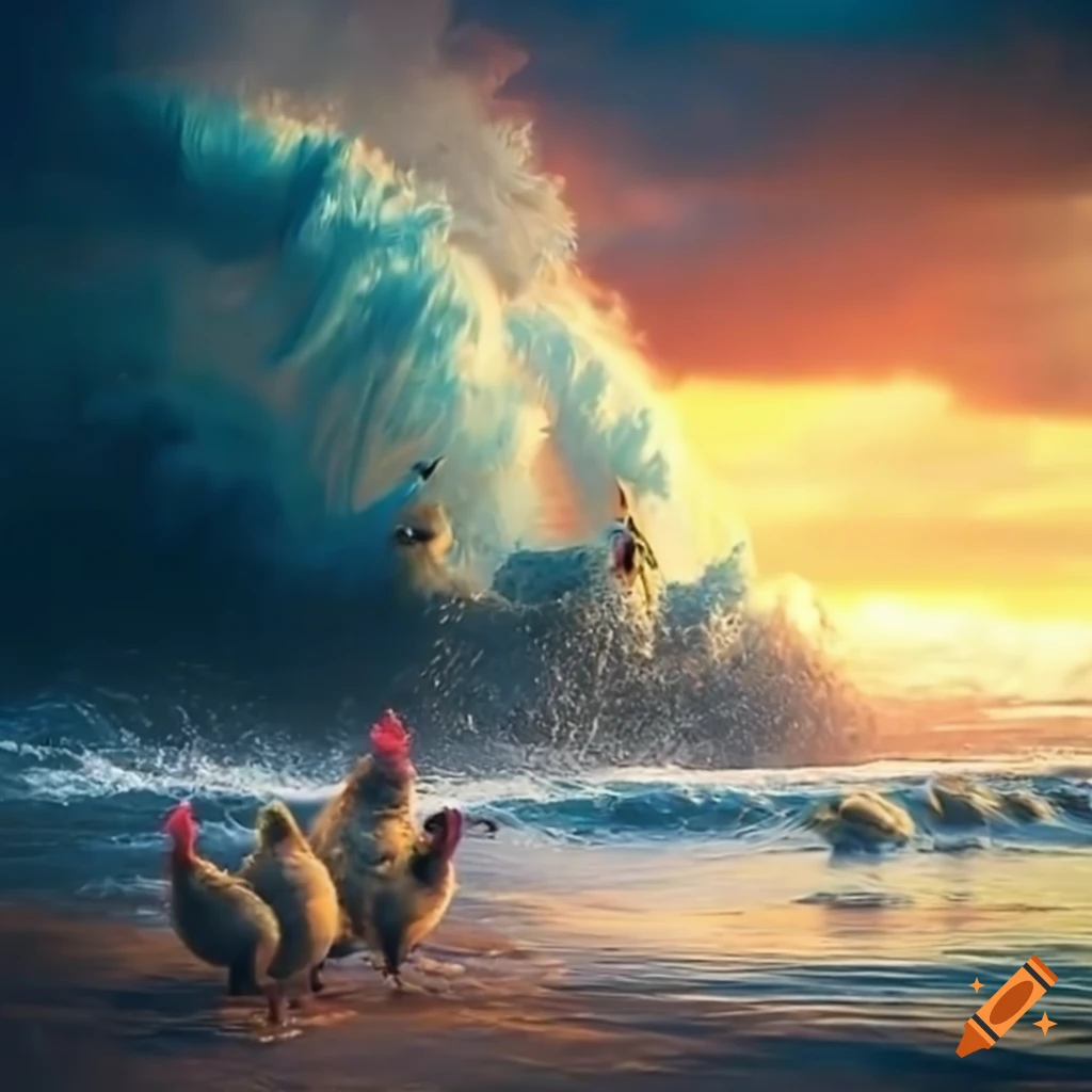 Warrior chickens and chicks battling in a stormy sea on Craiyon