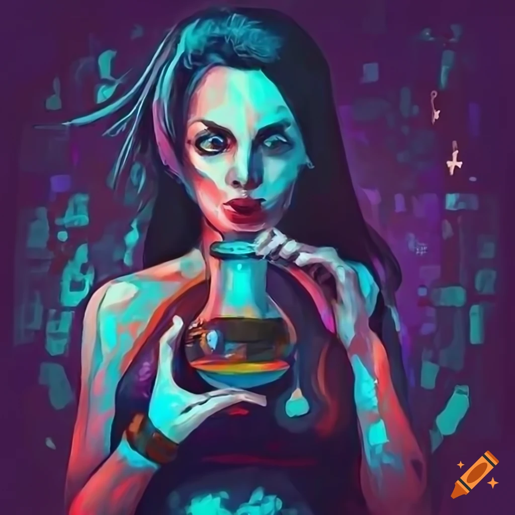 Painting of a cyberpunk woman drinking a magic potion on Craiyon