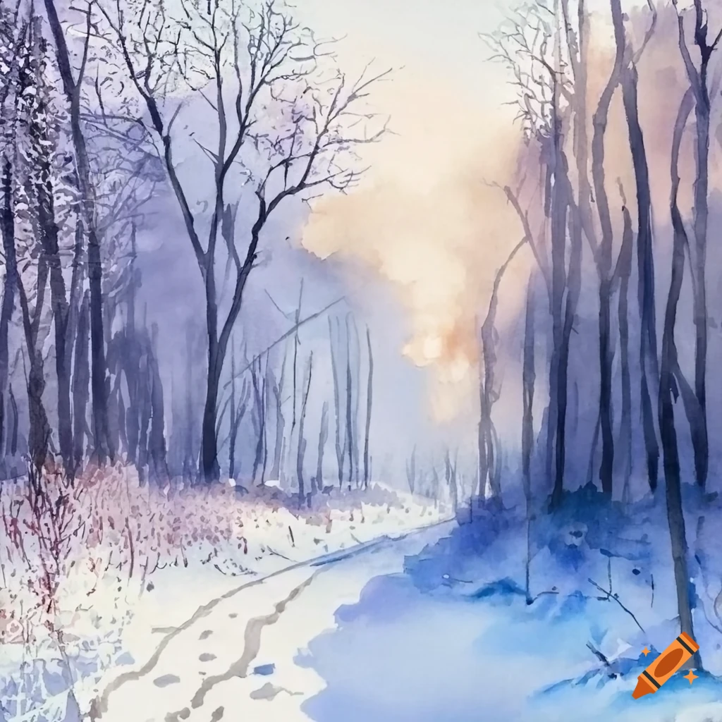 Vintage watercolor of a peaceful winter path on Craiyon