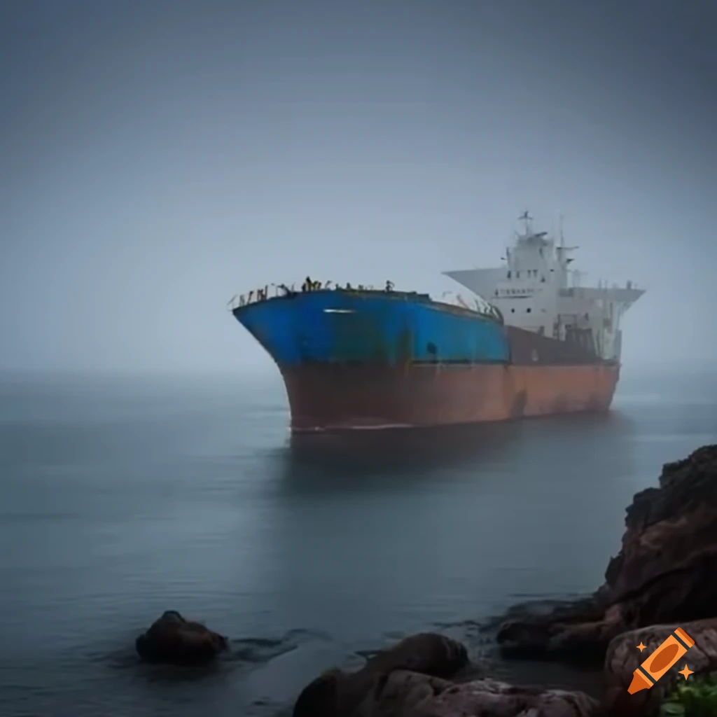 Rusty cargo ship grounded on rocky shoreline on Craiyon