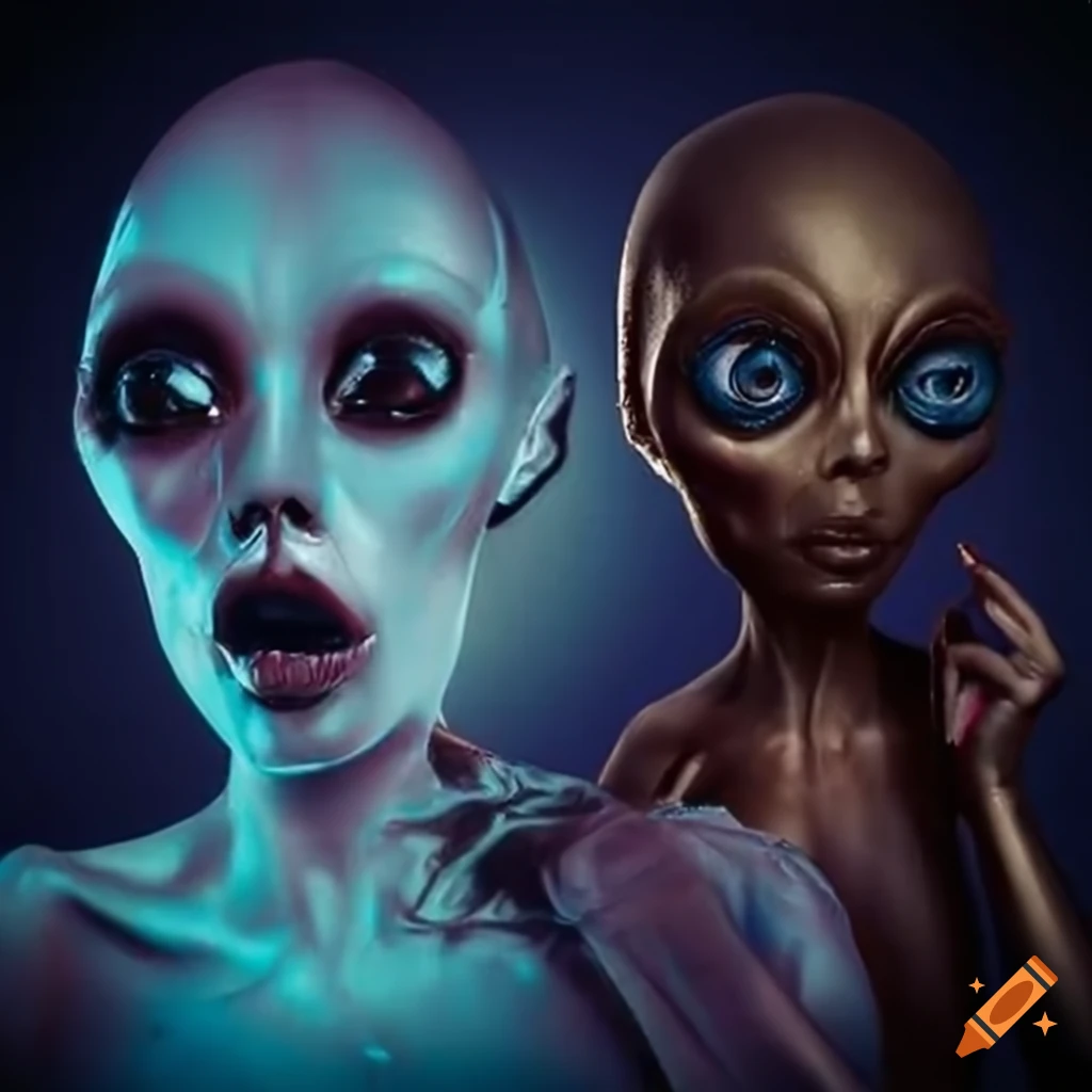 Captivating perfume ad featuring an alien and glamorous woman on Craiyon