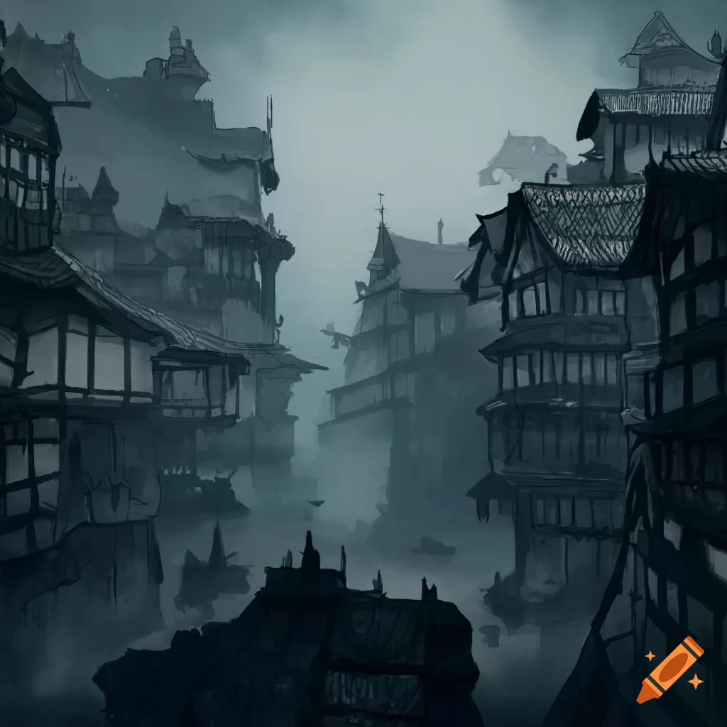 Artistic depiction of a foggy fantasy town on Craiyon
