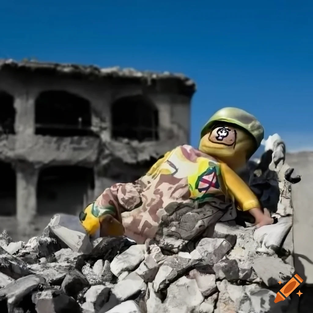 Artistic photography of a sleeping puppet with a submachine gun on Craiyon