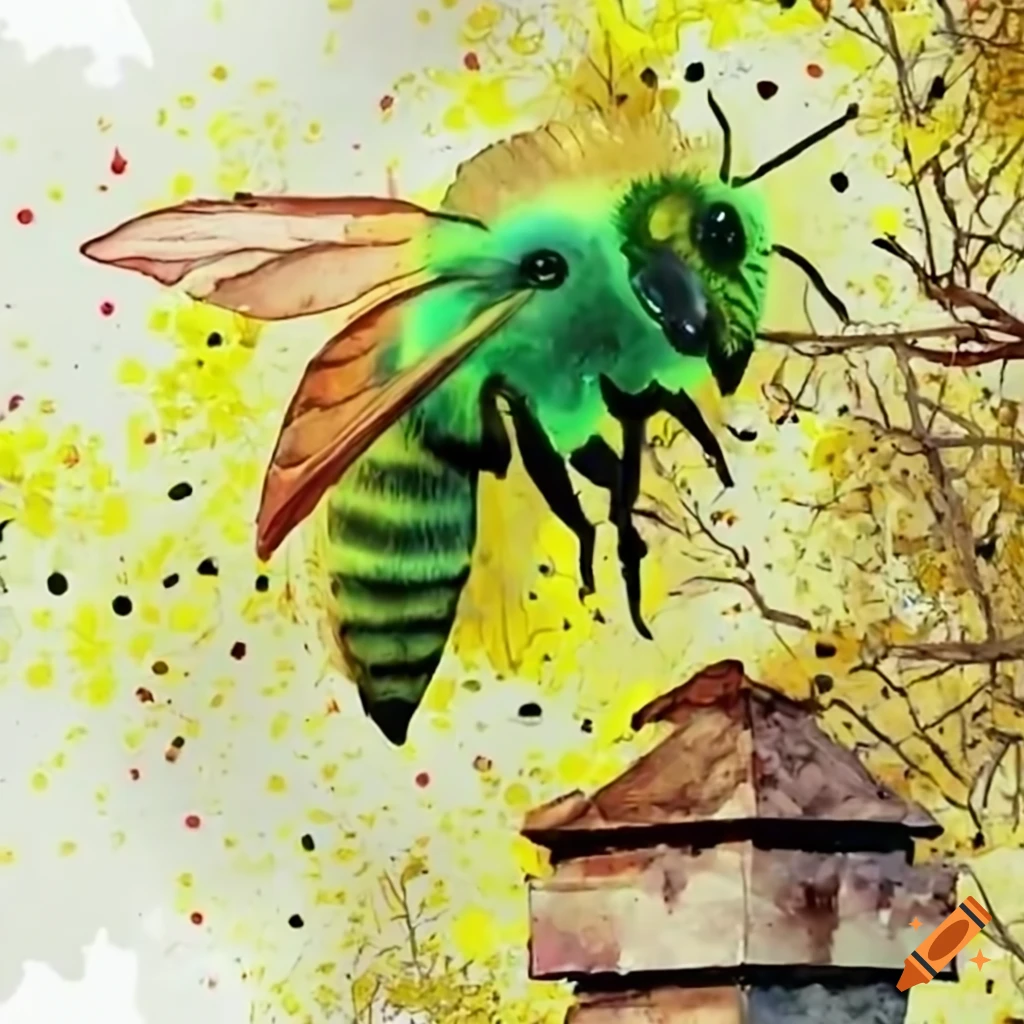 Image of magical green bees constructing giant hives
