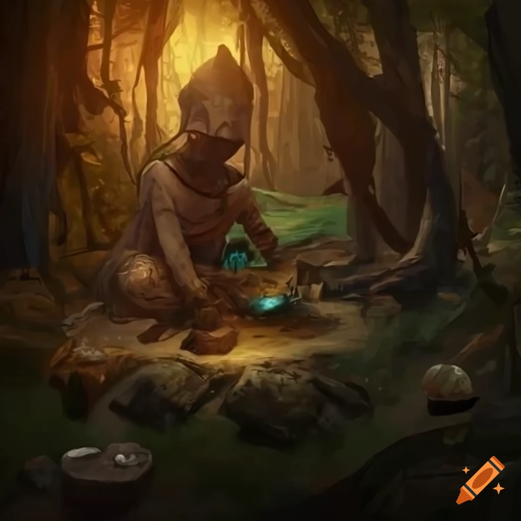 Chibi fantasy characters camping in the woods on Craiyon