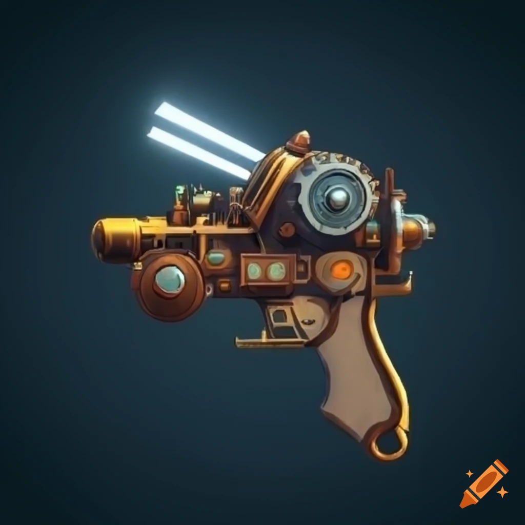 3D schematic of a stylized scifi steampunk gun prototype on Craiyon