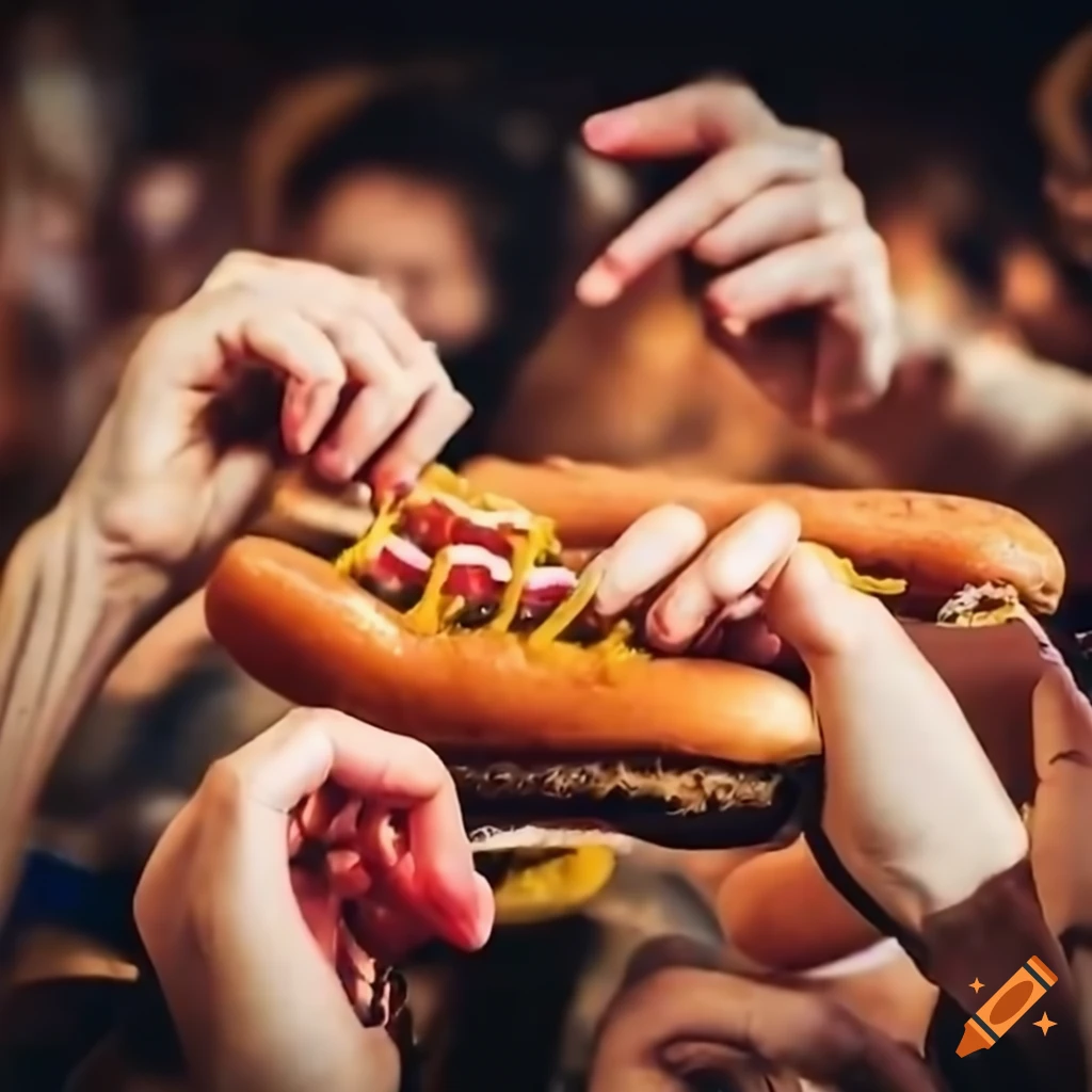 People eating hotdogs at a football game on Craiyon