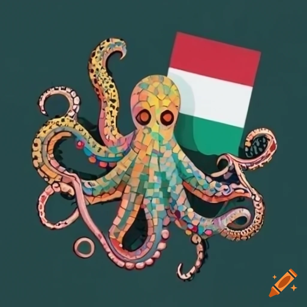 Mosaic artwork of an octopus in hungarian flag colors