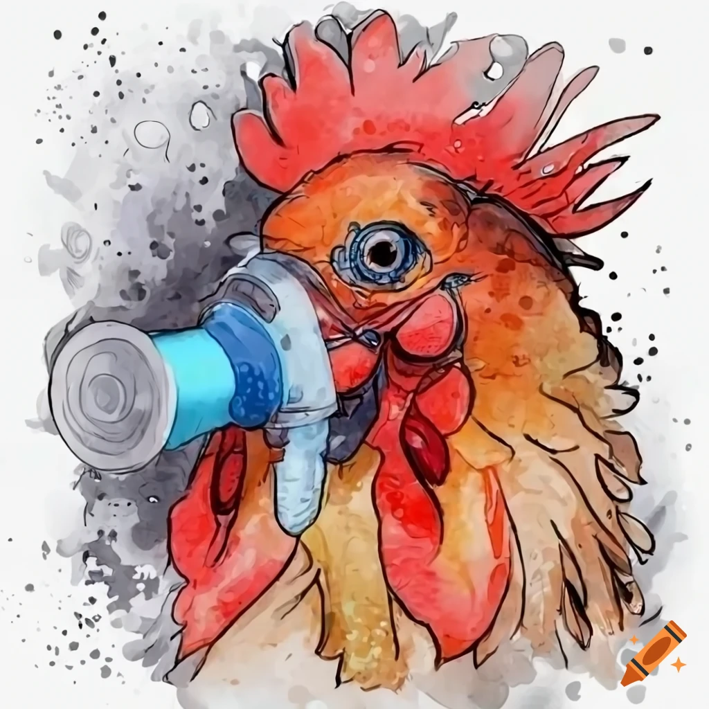 Cartoon rooster with nebulizer mask on Craiyon