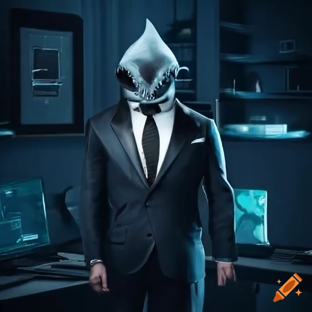 Character design of a stylish mafia shark hacking a computer on Craiyon