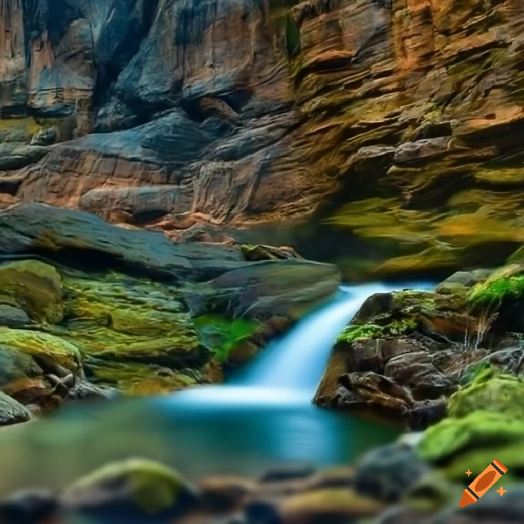 Photo of a water spring emerging from a rock in the mountains on Craiyon