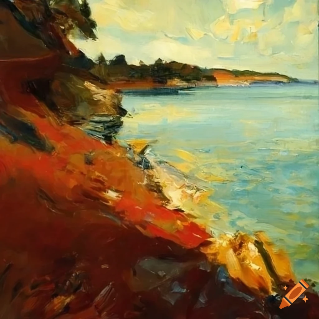 Oil painting of sunbathers by the sea on Craiyon