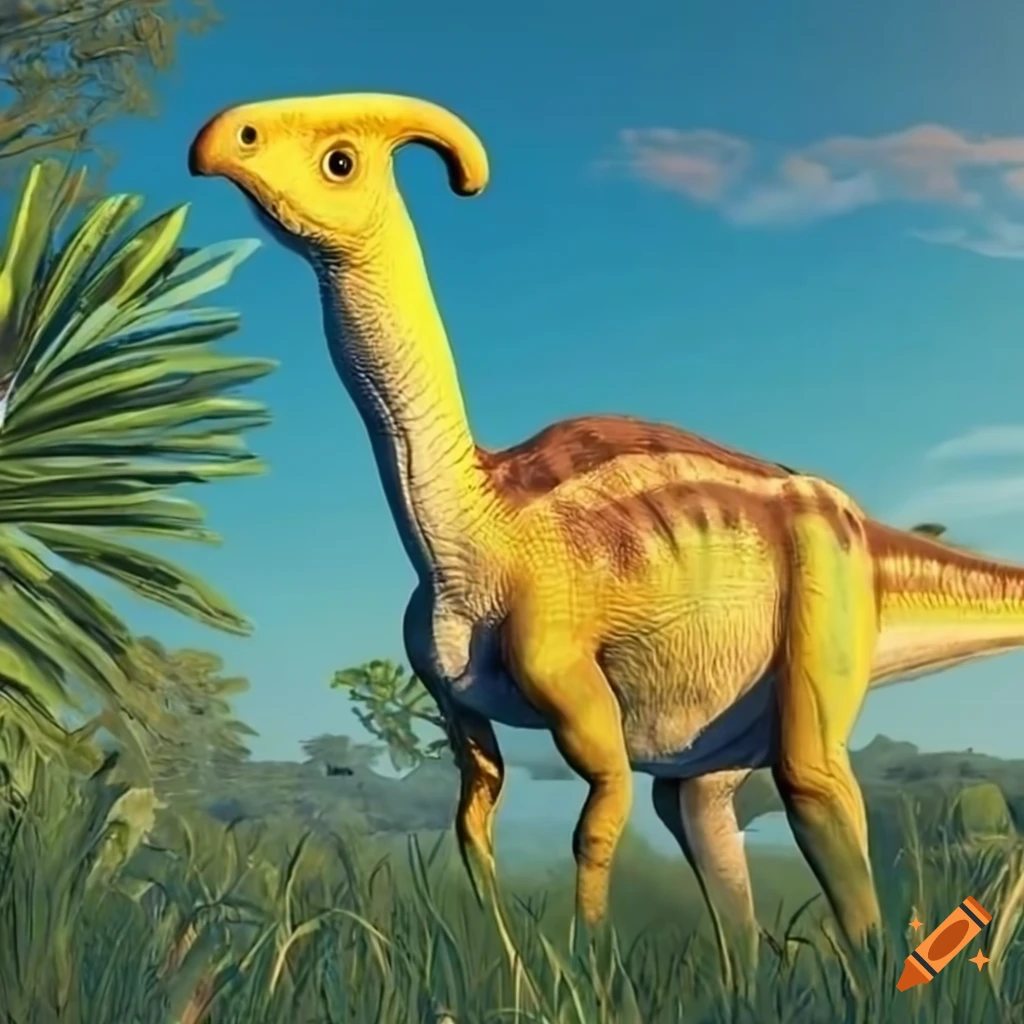 Image of a yellow parasaurolophus in tall vegetation on Craiyon