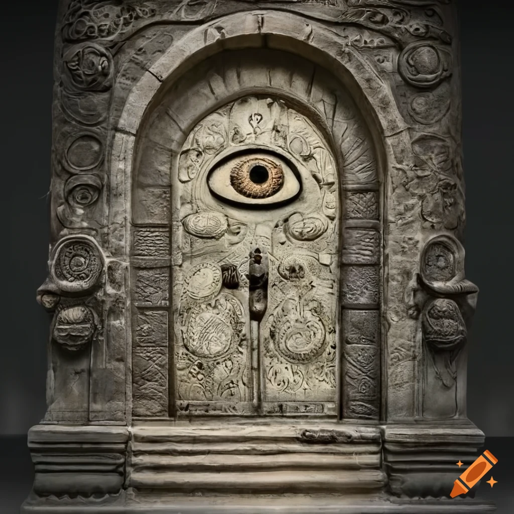 Stone door with all-seeing eye engraving in haeckel style on Craiyon