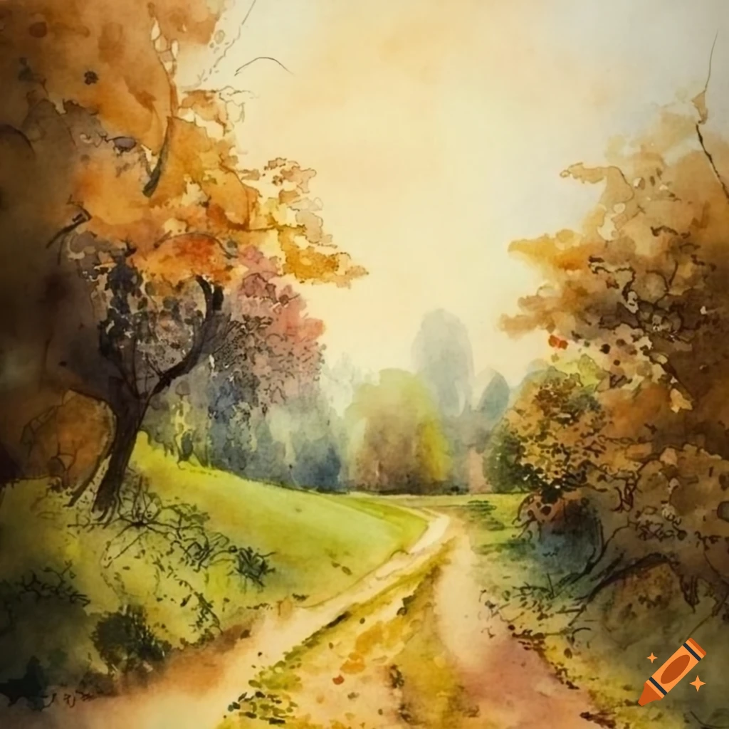 Detailed vintage watercolor of a peaceful countryside path
