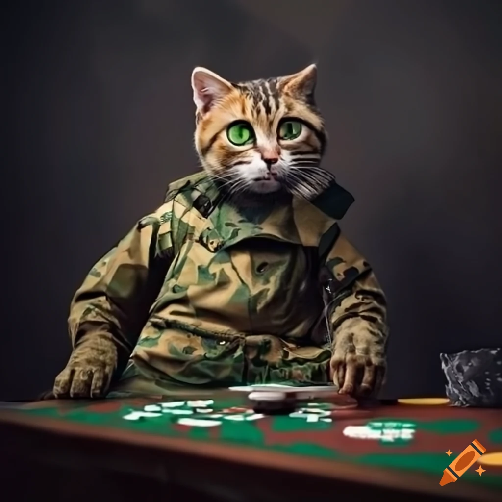 Chubby cat in military attire holding m4a1 gun on Craiyon