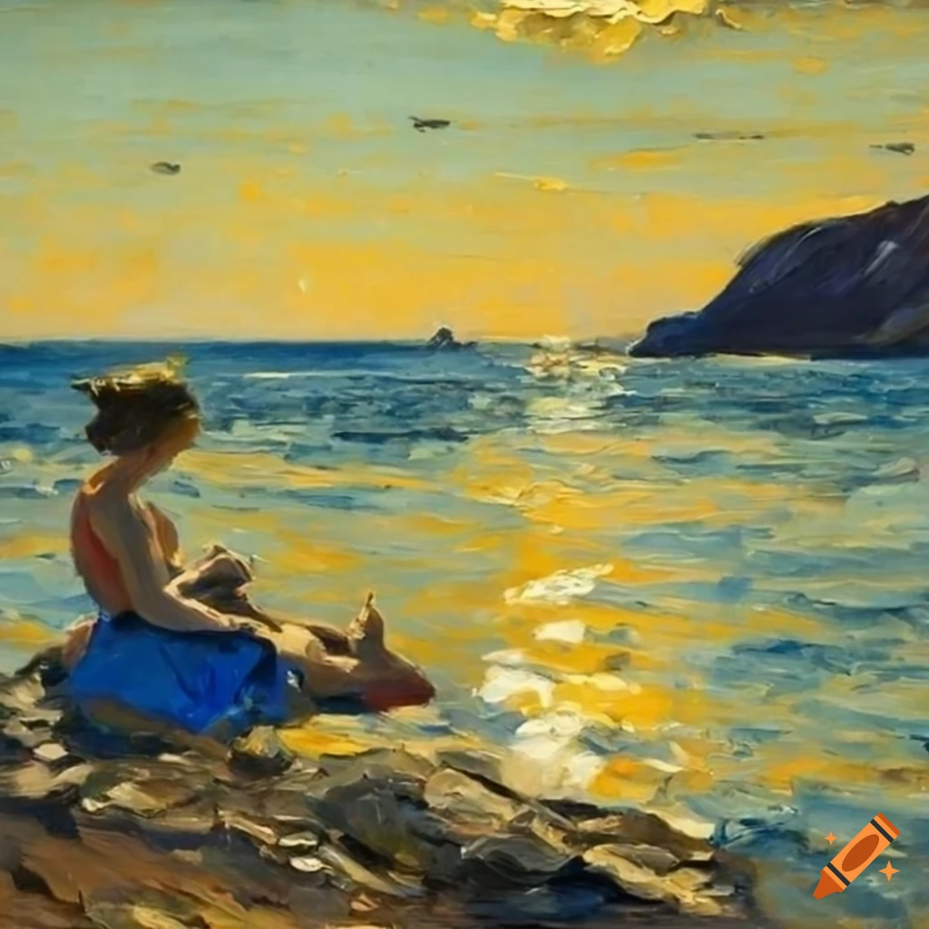 Oil painting of sunbathers by the sea on Craiyon