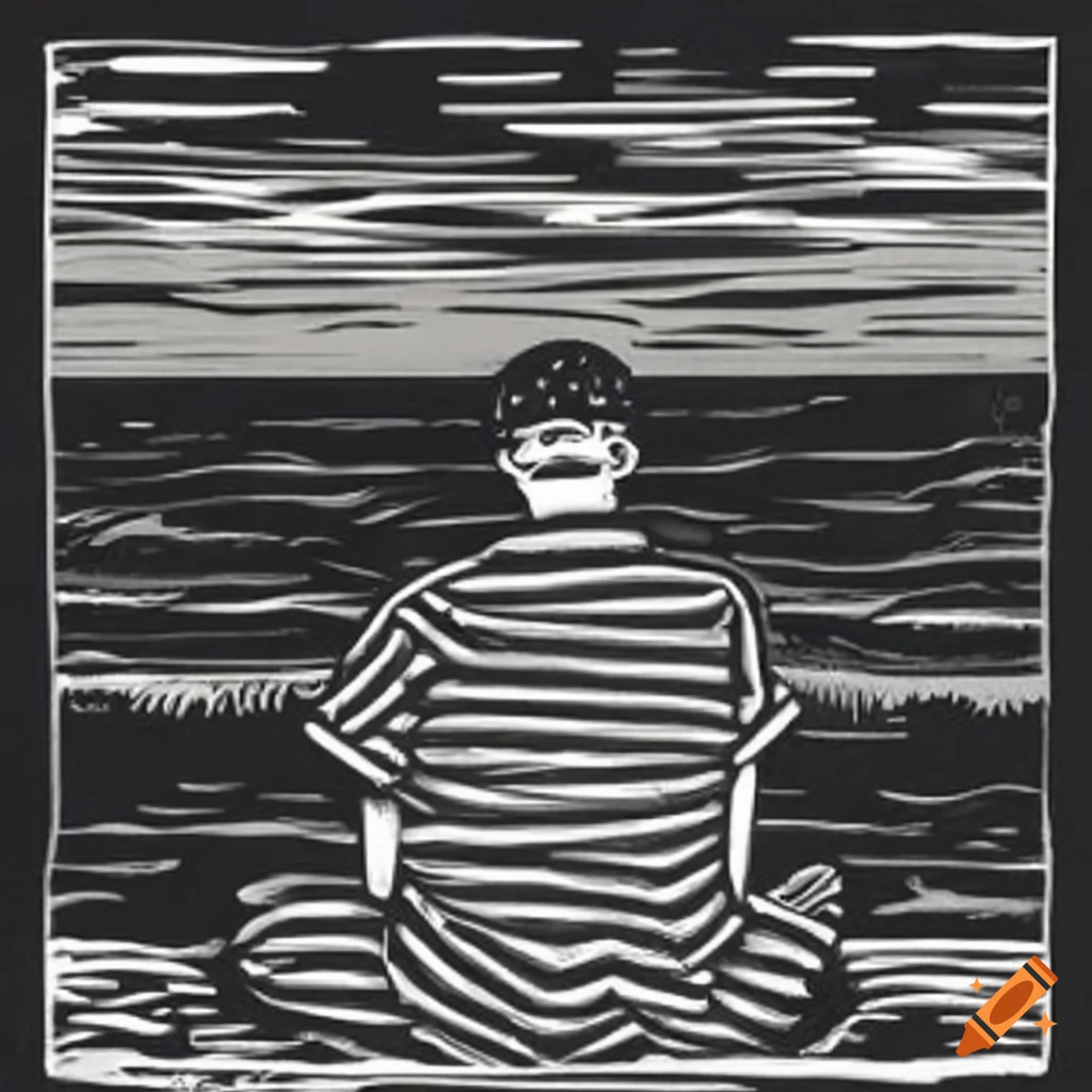 Linocut of a man watching the sunset