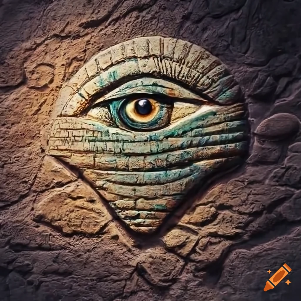 Enigmatic all-seeing eye on a wet rock wall on Craiyon