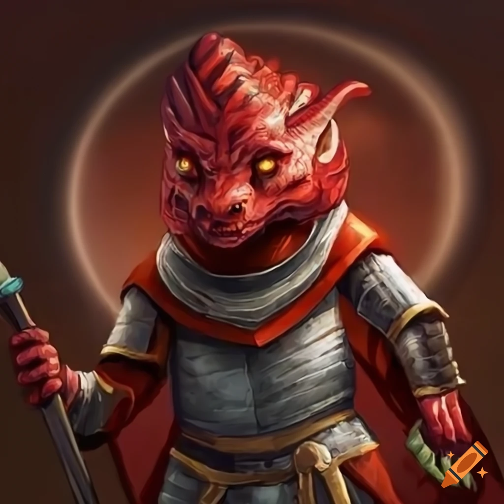 Red male kobold cleric in plate armor with a halo on Craiyon