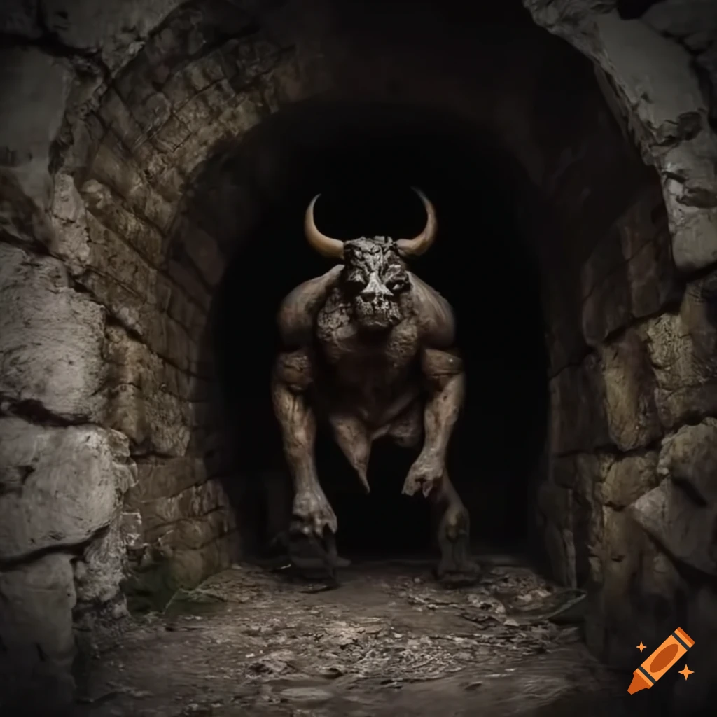 Minotaur in a dark stone tunnel on Craiyon