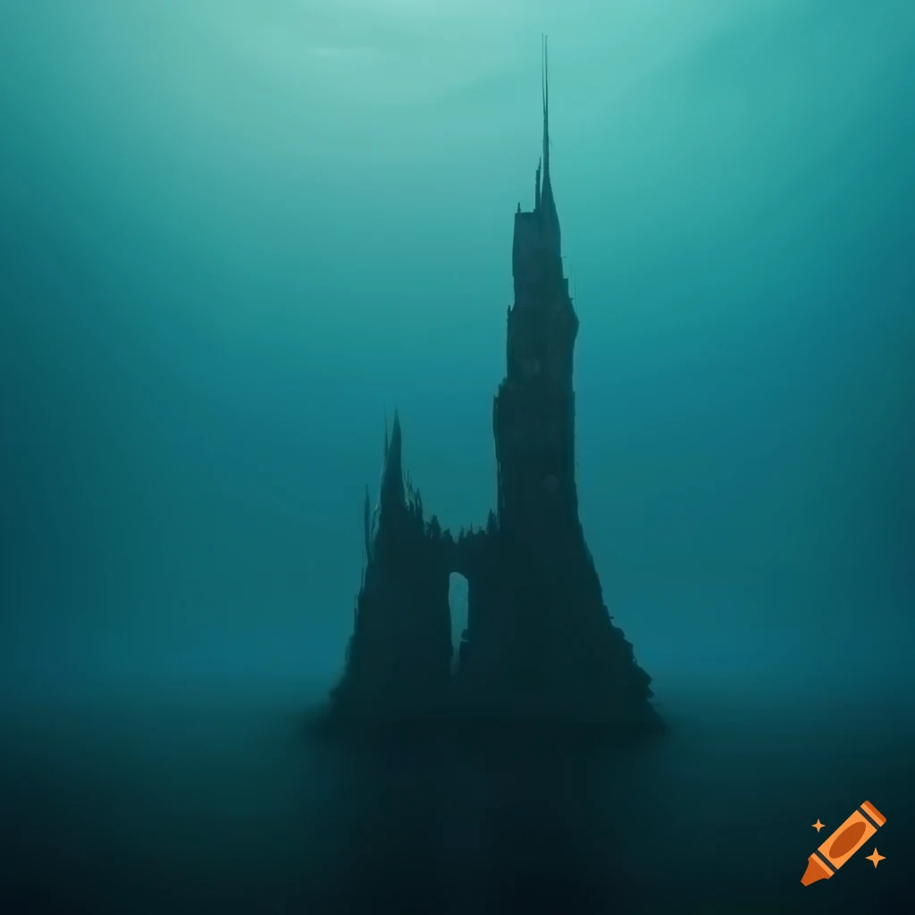 Dark underwater landscape with two towers