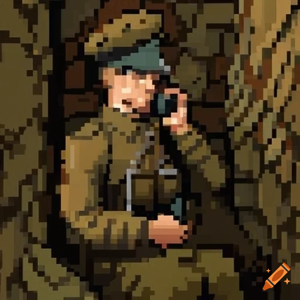 Pixel art of soldiers eating in a ww1 bunker on Craiyon