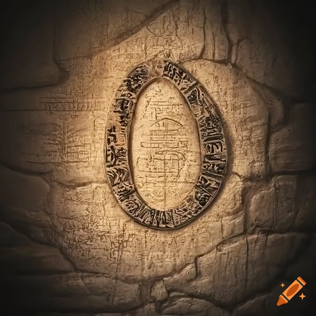 Engraved ancient cryptic alphabet on wet shale rock on Craiyon