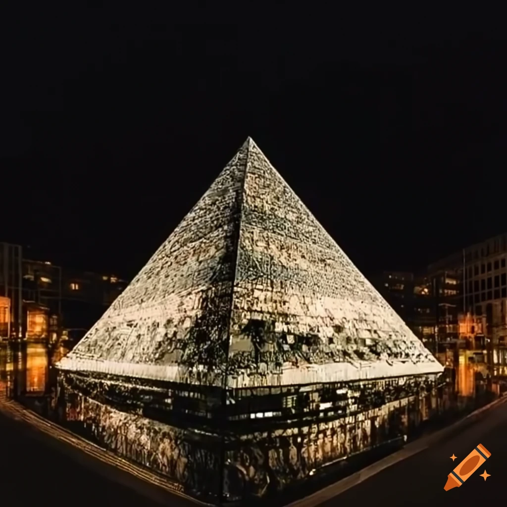 Photorealistic image of a mirrored pyramid in a city intersection on ...