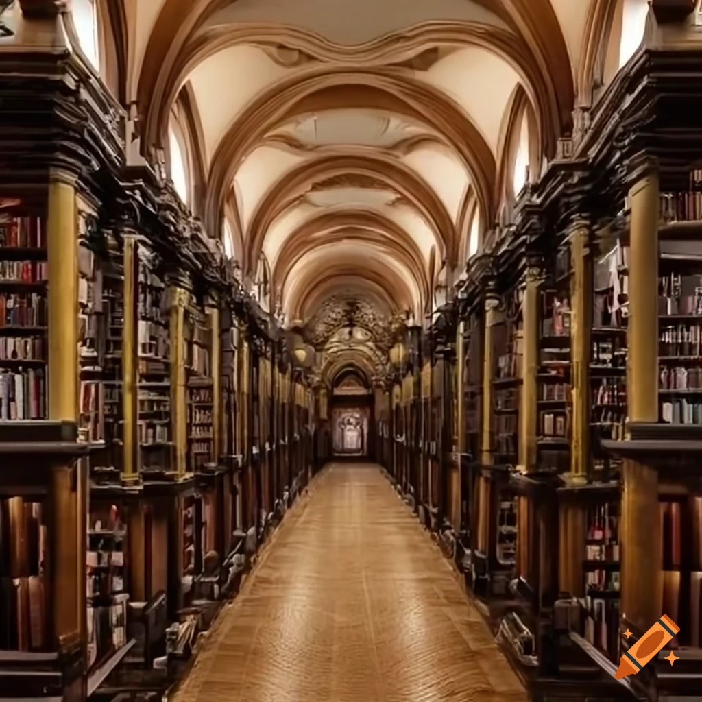 Frontal view of a beautiful endless library on Craiyon