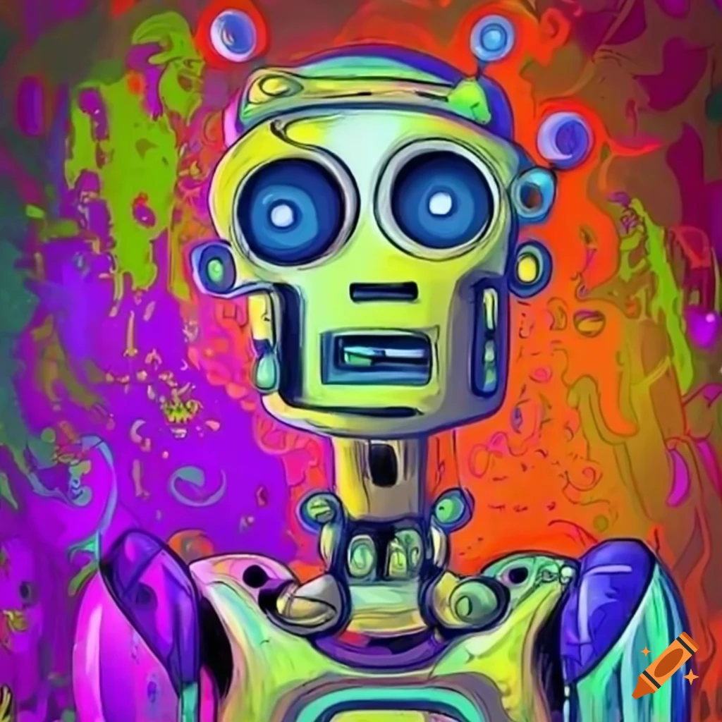 Iridescent watercolor robot in psychedelic colors on dark background on ...