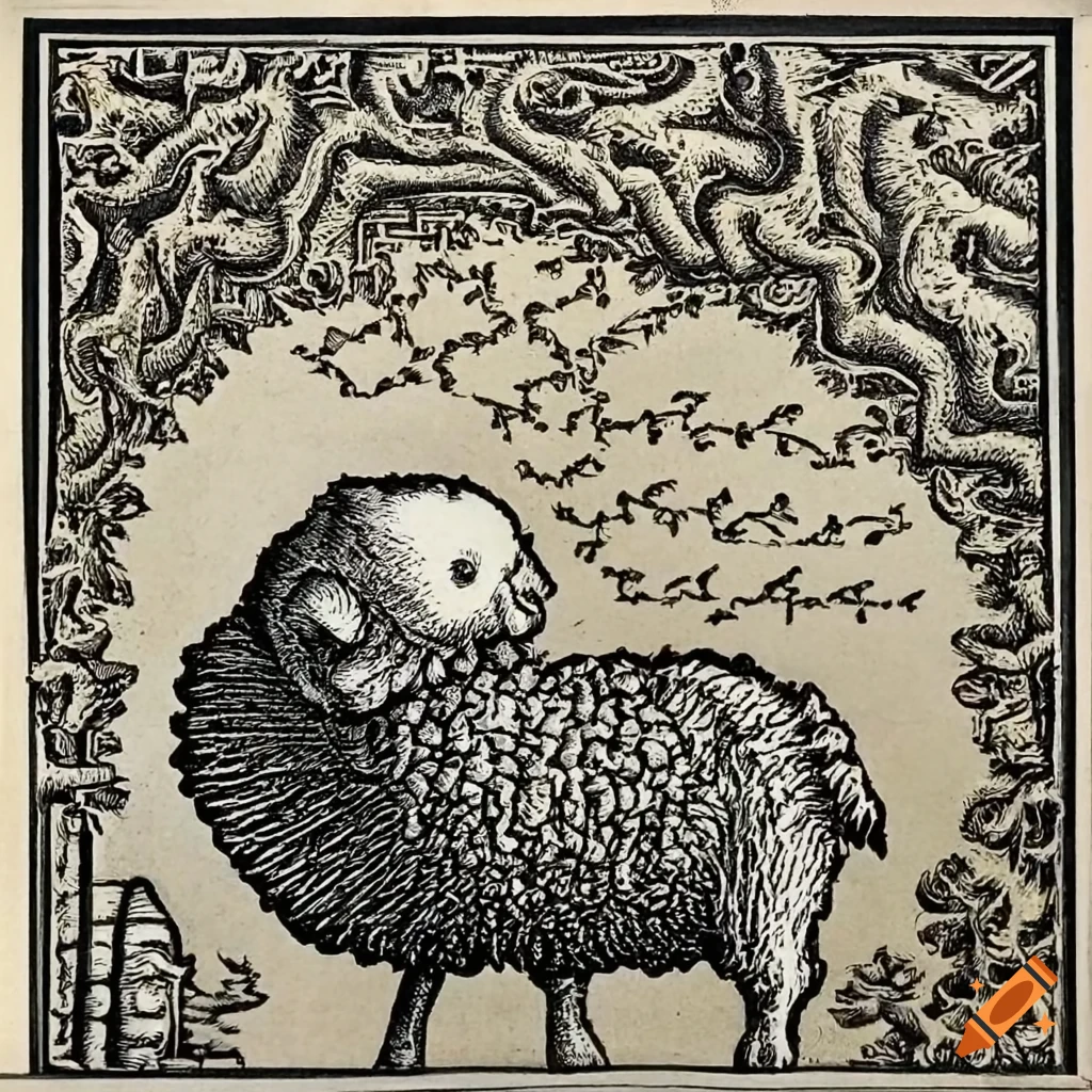 Woodcut of a saint guiding sheep out of a burning building on Craiyon