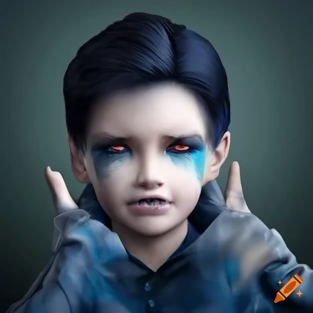 Image of a crying vampire boy with grey eyes and black hair on Craiyon