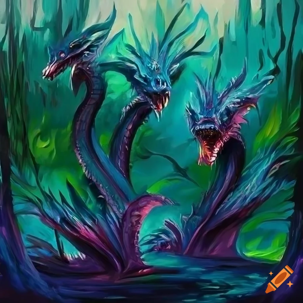 Abstract painting of a giant hydra in a gloomy swamp on Craiyon