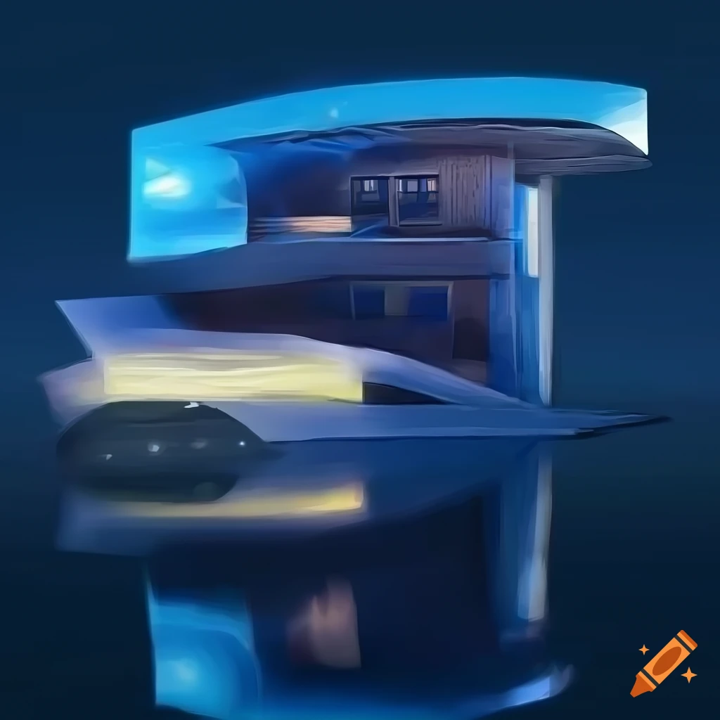 Realistic digital painting of futuristic layered house at night
