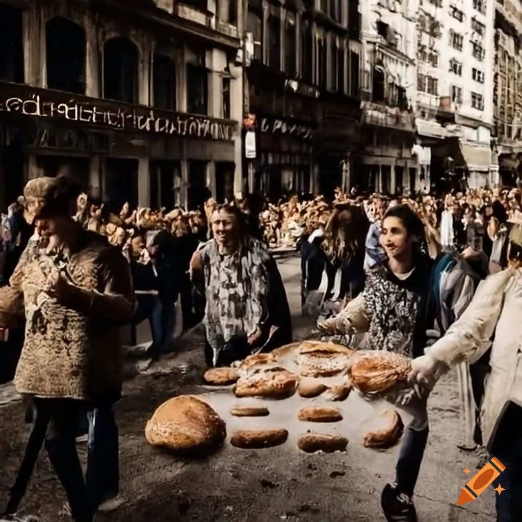 Crowds protesting against expensive bread in a city on Craiyon