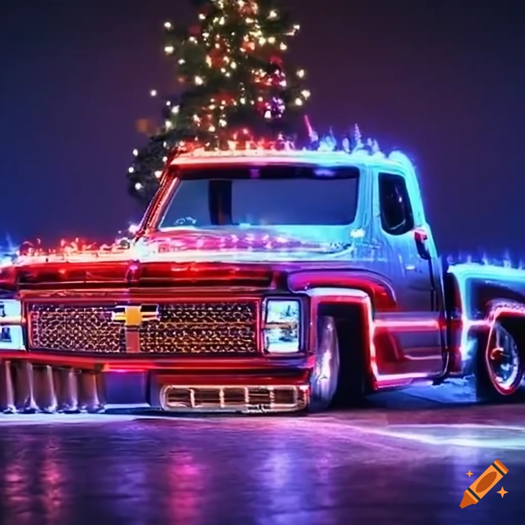Santa driving a blue 1988 chevy flatbed dually on Craiyon