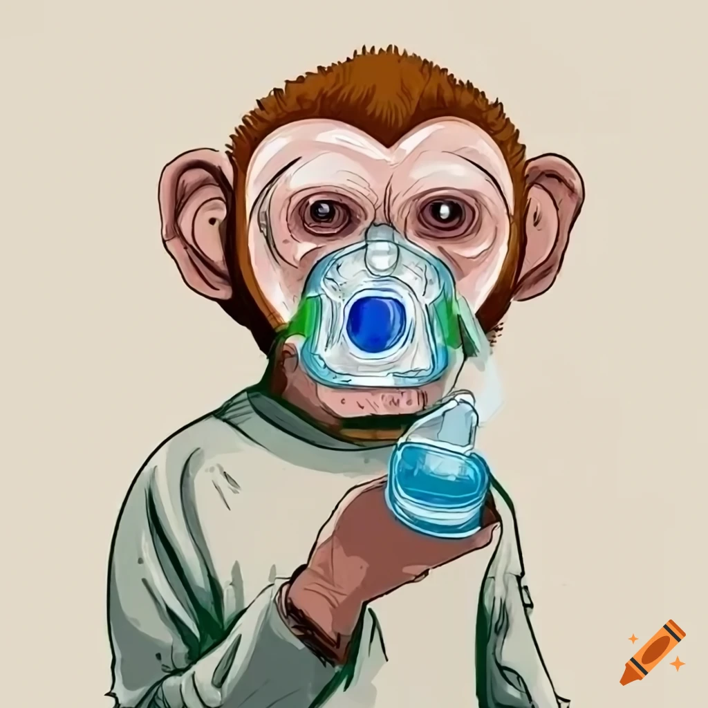 Illustration of a monkey with a nebuliser mask in a steamy environment ...