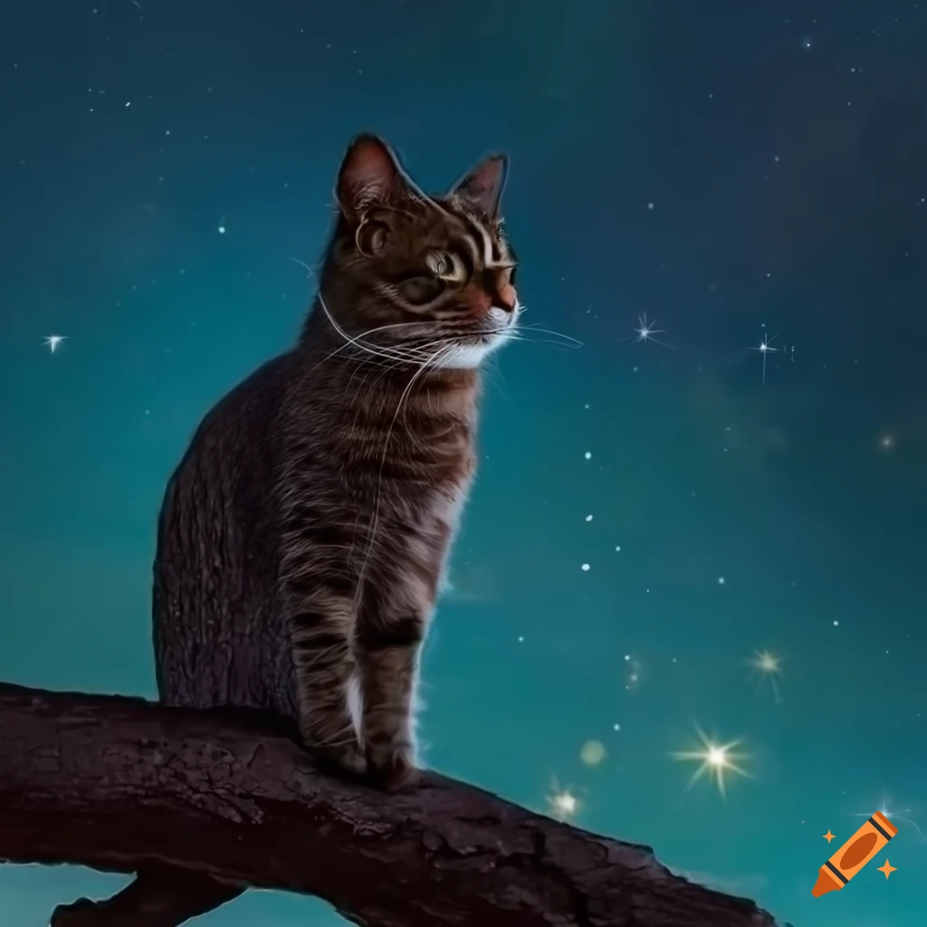 Cat sitting on a tree branch under a starry sky on Craiyon