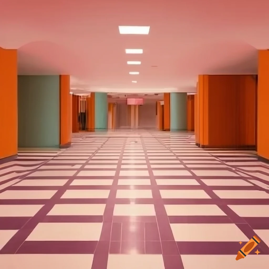 Surrealistic hotel lobby with pastel candy colors and tiled floors on ...