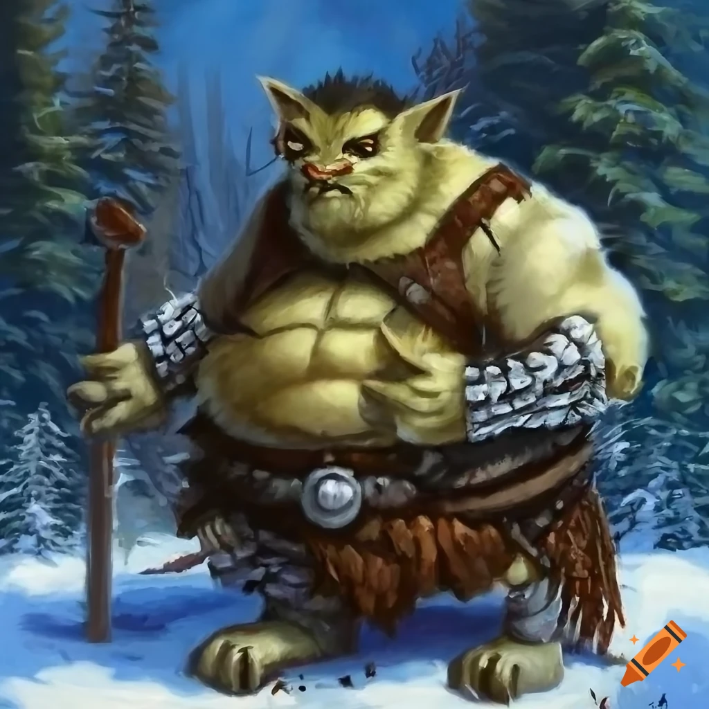 Illustration of a furry bugbear viking in snowy taiga on Craiyon