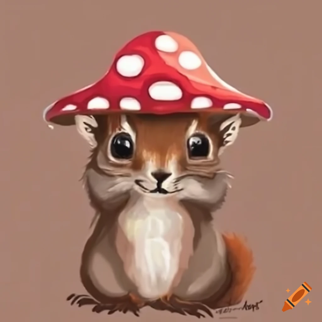 Squirrel wearing a mushroom hat and a cozy vest on Craiyon