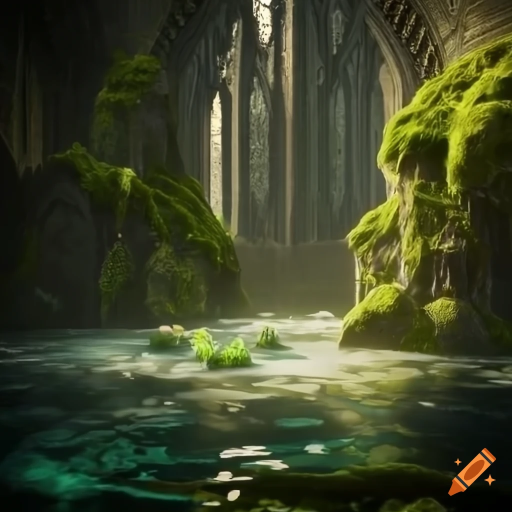 Illustration of a moss-covered rock formation with flowing water