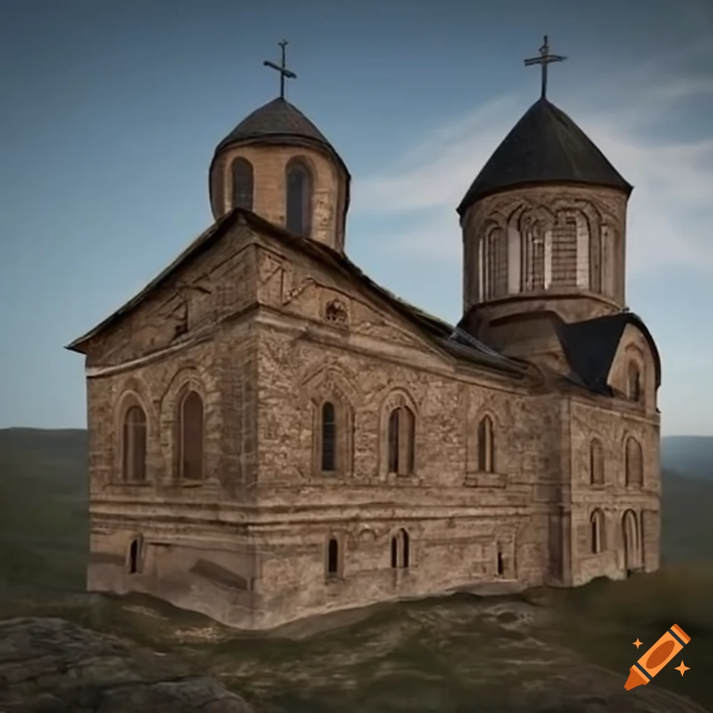 Realistic portrayal of a 14th century orthodox church on a cliff on Craiyon